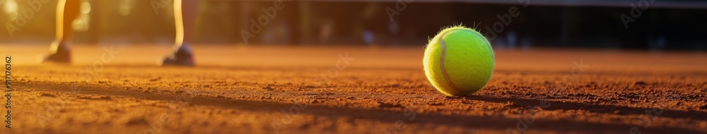 Sunset Serenade: Tennis Ball at Rest on the Clay Court, Player in ...