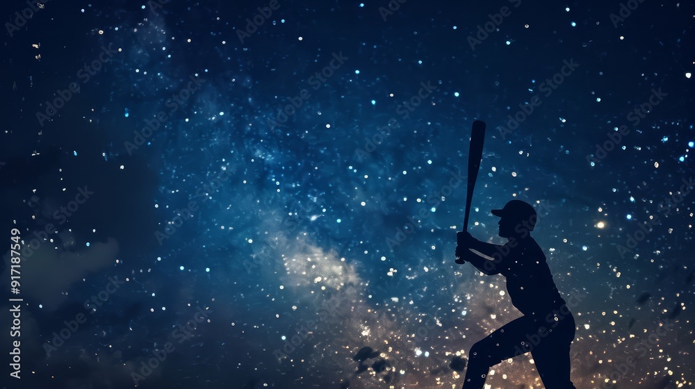 Baseball player silhouetted against a starry night sky, capturing the moment of batting, various ...