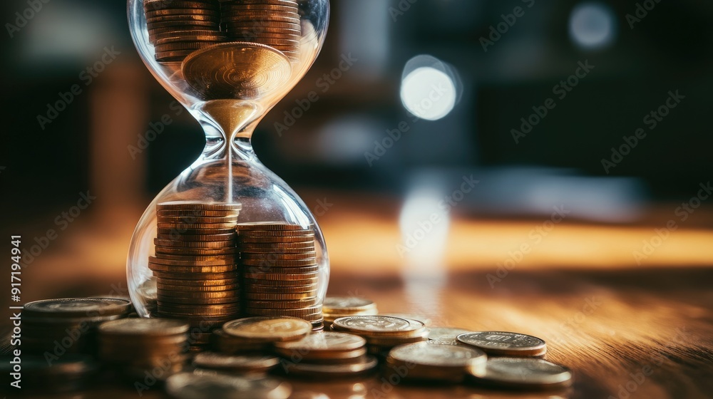 Time is money concept depicted by an hourglass filled with coins ...