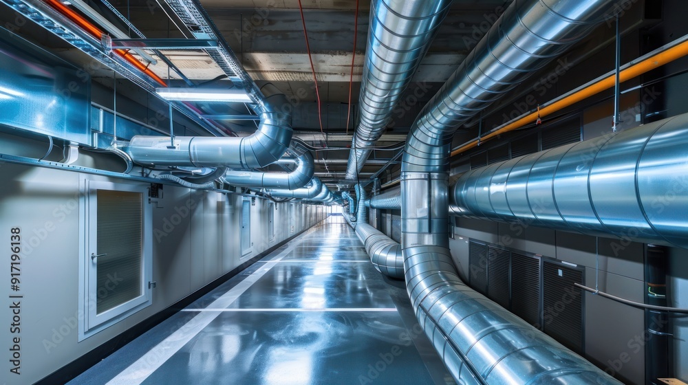 HVAC units and ductwork in commercial building background Stock Photo ...