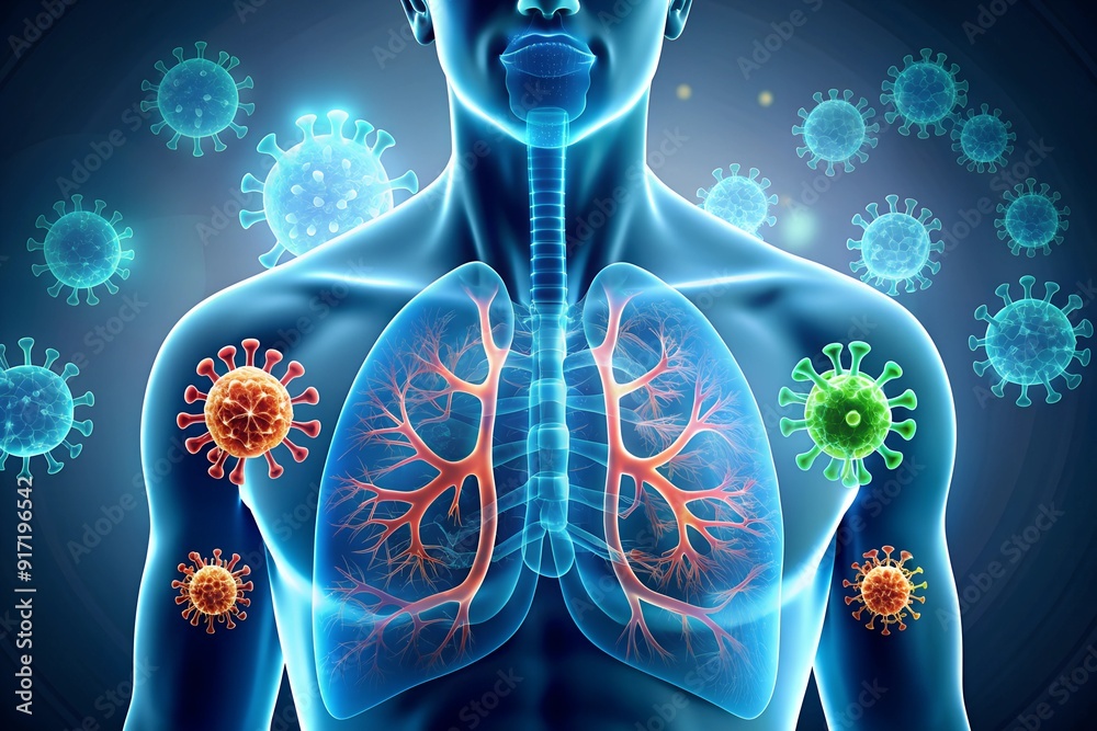 A 3D illustration of the human respiratory system with viruses surrounding it, highlighting the ...
