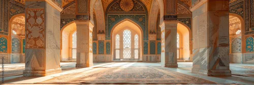 The image showcases the interior of a grand mosque, featuring ...