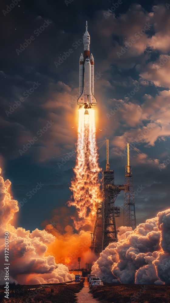The powerful lift-off of a rocket from its launch pad, a symbol of ...