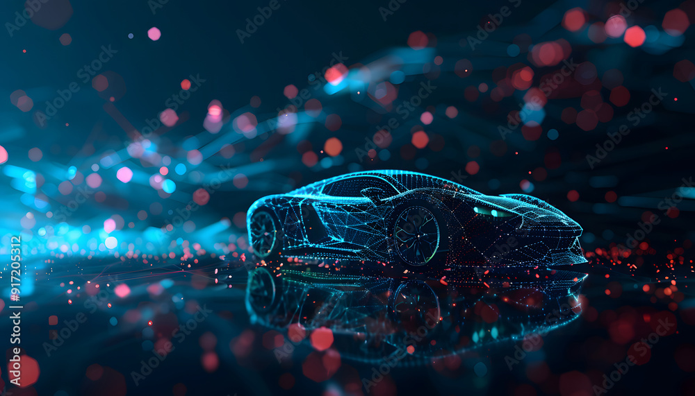 A digital blue self-driving car with a glowing data stream, the ...