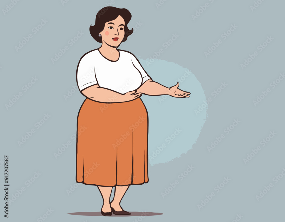 Plump middle age woman showing a way. Woman giving adwice. Cartoon ...