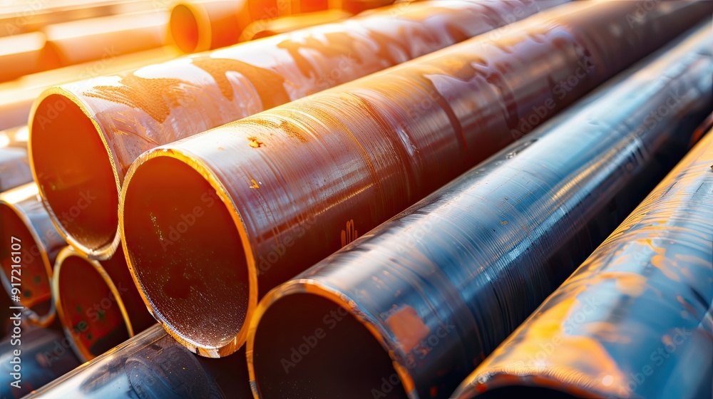 Rows of ferrous metal pipes stacked in a shop or warehouse. The pipes ...