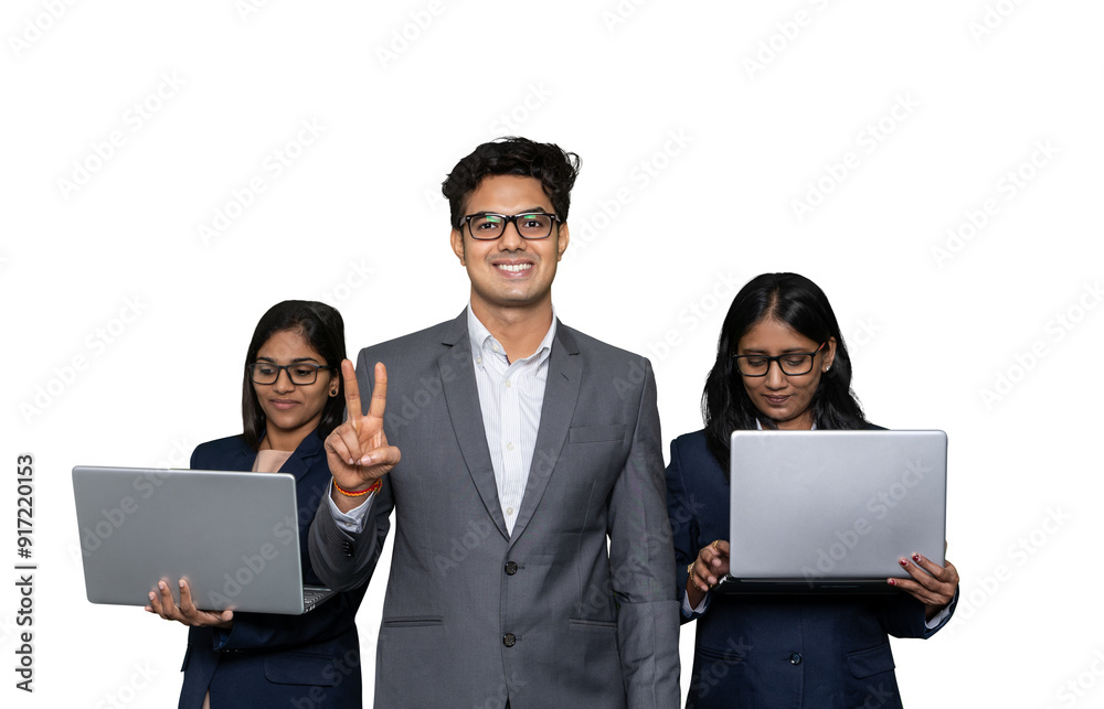 Indian Male Leader Giving Victory Sign with Professional Female Team ...