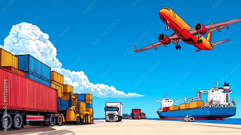 Colorful illustration of cargo transport scene with airplane, truck ...