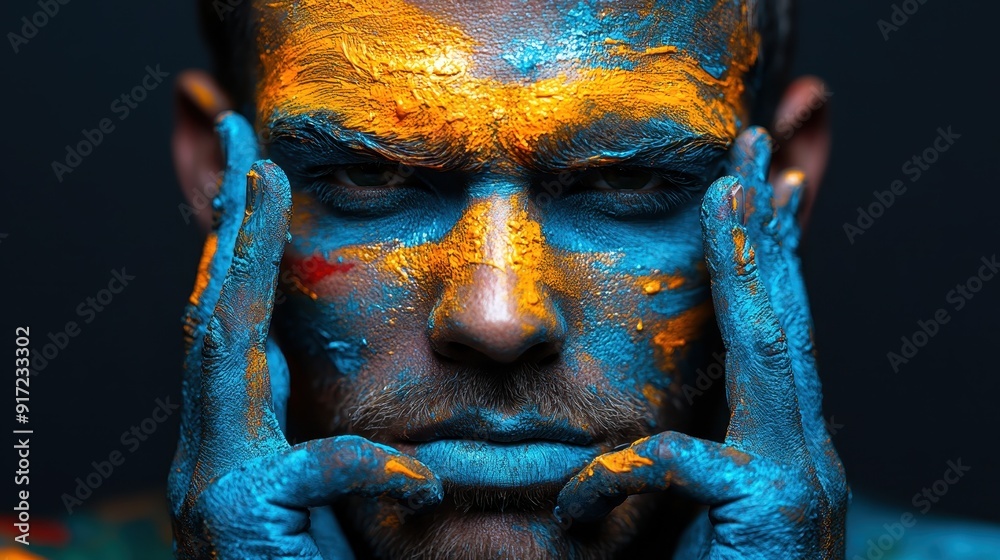 Intense close-up of a man with blue and orange paint thickly applied on ...