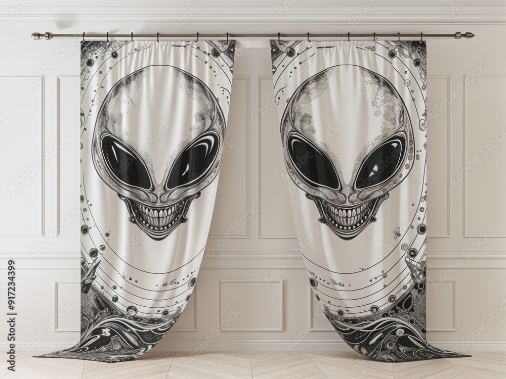 Bold curtains featuring a striking alien face design in black and white ...