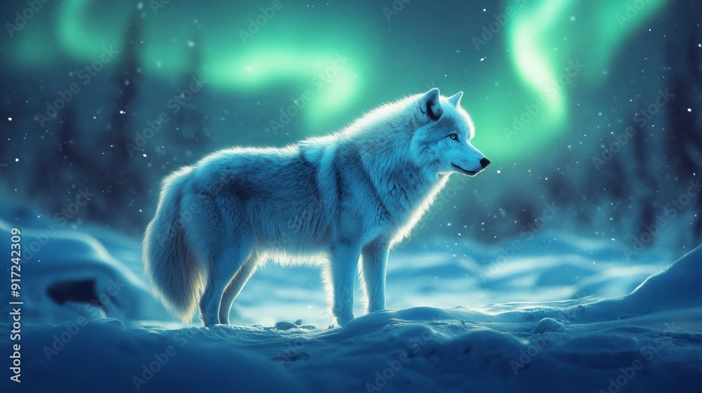 Arctic Wolf Under the Northern Lights Stock Illustration | Adobe Stock