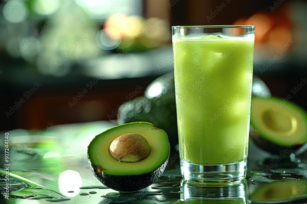 Glass vibrant green avocado juice on reflective glass table with dew ...