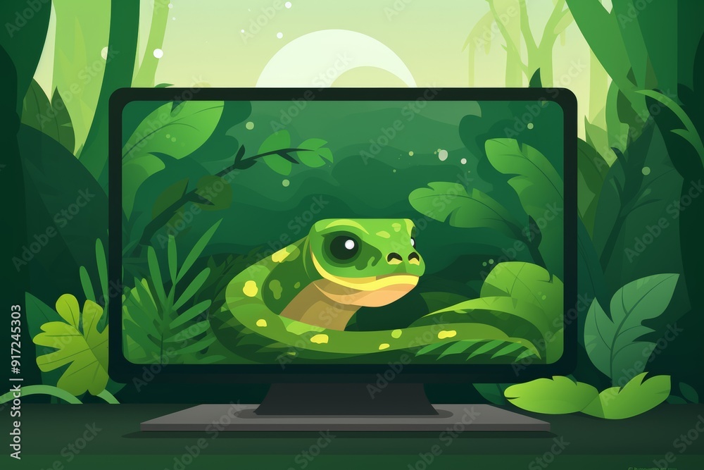 Whimsical illustration of a green snake with yellow spots staring out ...