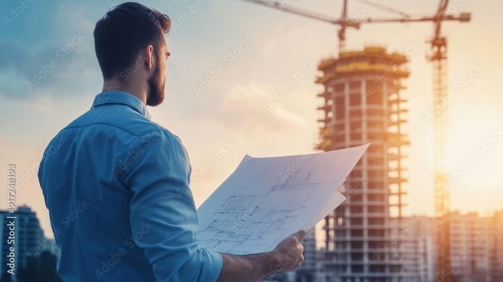 Dedicated Engineer Intensely Studying Blueprints Amidst a Bustling ...