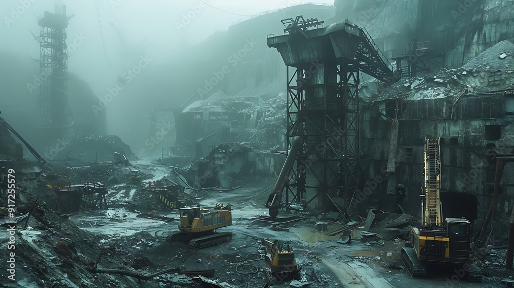 A detailed photograph of a deserted construction site with an ...