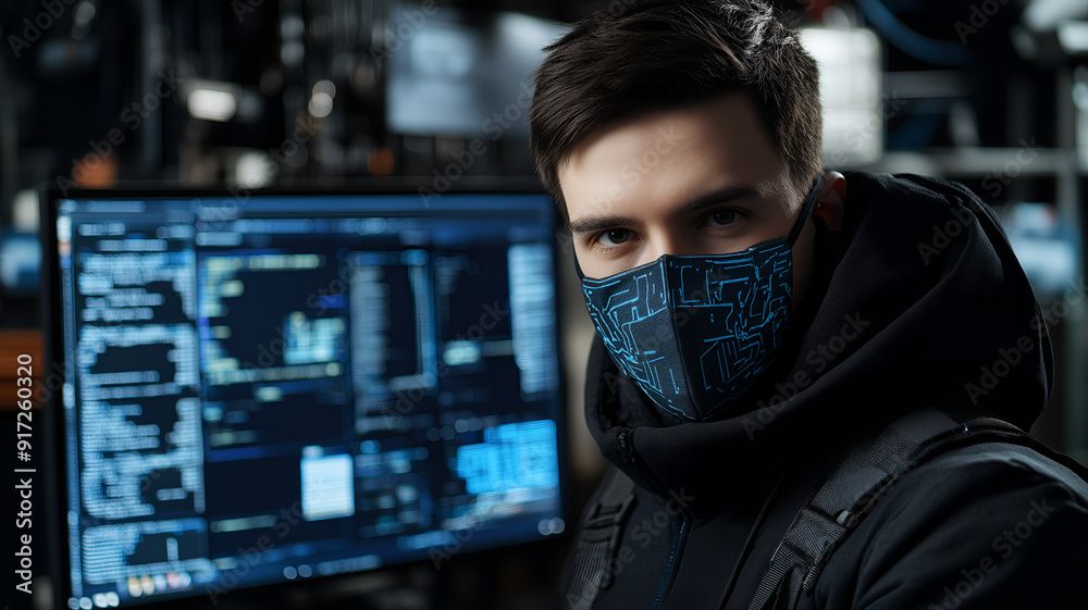 Professional photo of a hacker wearing mask in front of computer Stock ...
