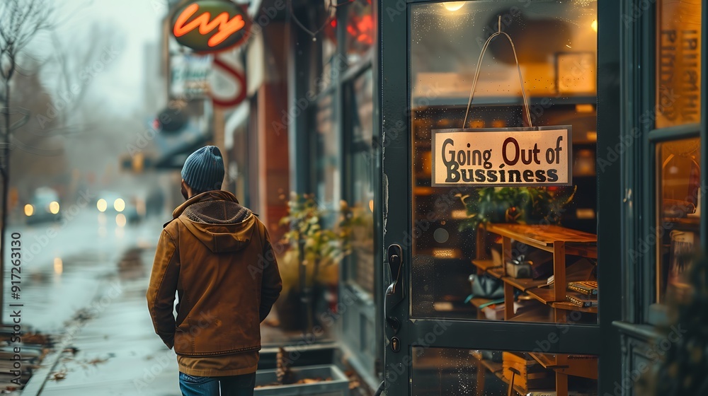 A photograph of a small business owner sadly putting up a "Going Out of ...