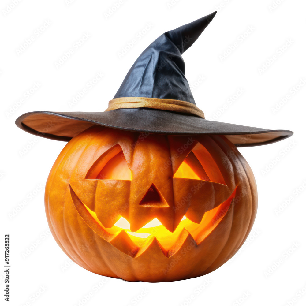 Glowing Halloween pumpkin carved with a jack-o'-lantern face, wearing a ...