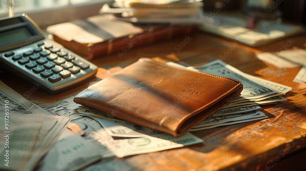 A wide-angle photograph of an open wallet with no cash, placed on a ...