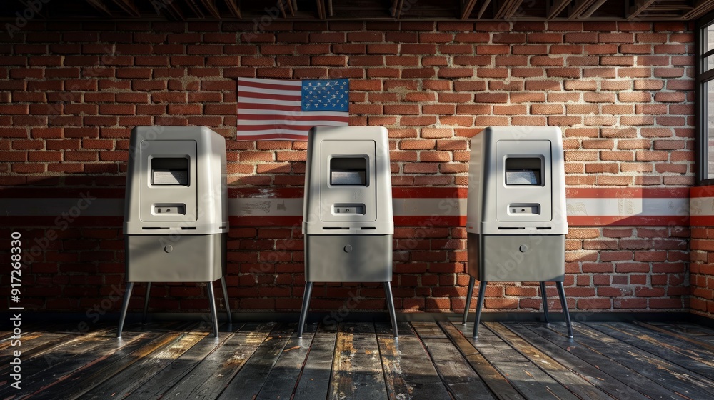 Voting Booths: A row of voting booths with the American flag in the ...