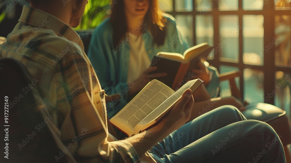 Male reading the Holy Bible by pointing to the character and sharing ...