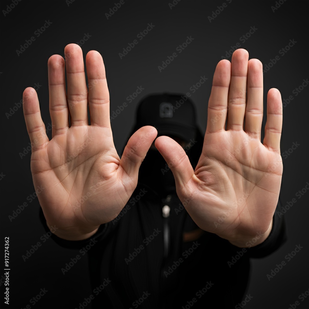 Person with hands raised in a "stop" gesture, wearing dark clothing and ...