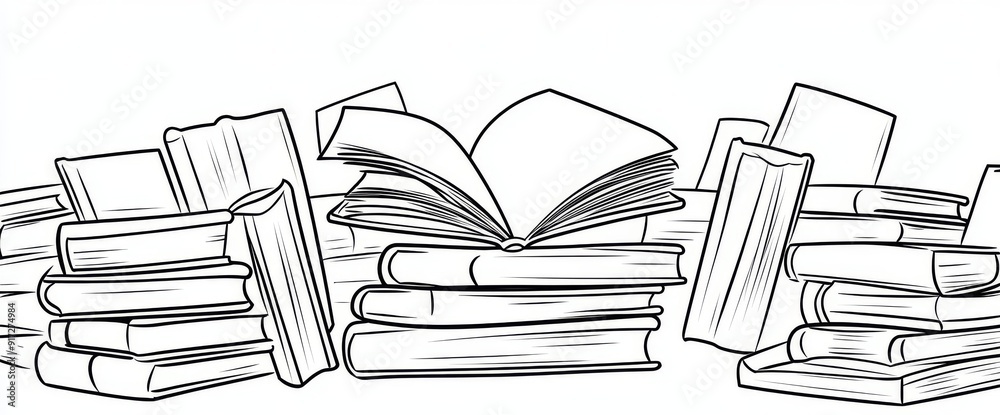 An illustration of a stack of books with an open book at the top in ...