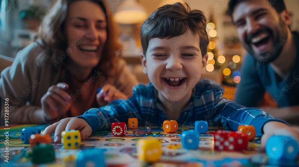 A lively family game night scene, kids rolling dice and celebrating ...