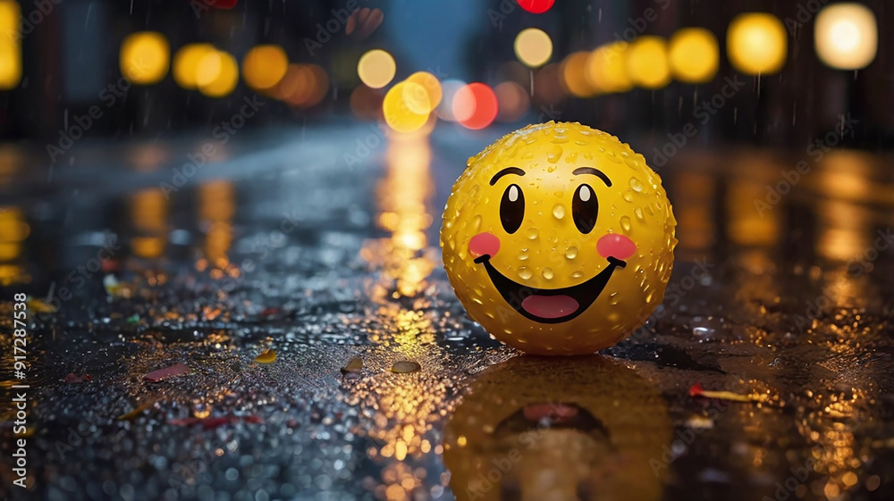 Diffrent emojis with rain water drops on the emoji on the road in night scene traffice lights ...