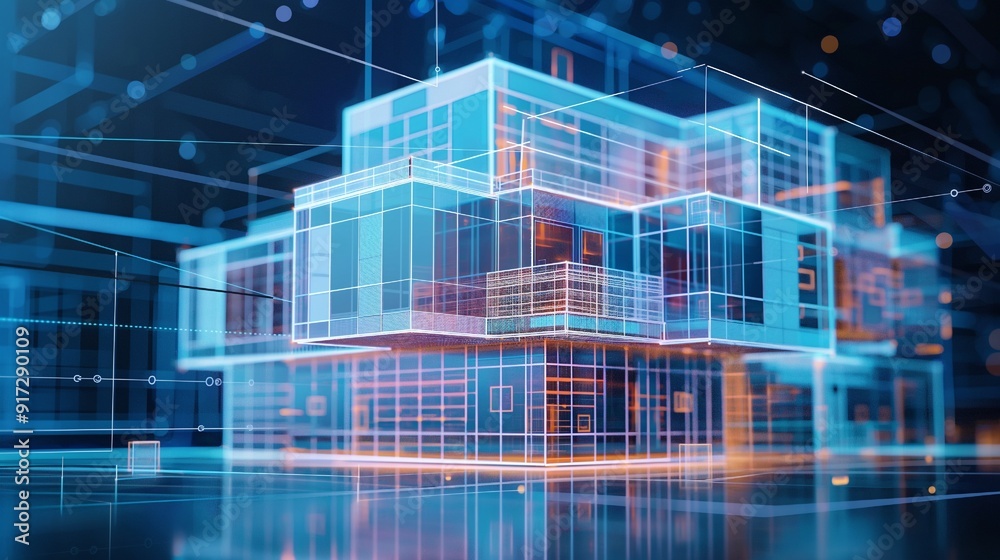 A digital blueprint of an office building with holographic elements ...