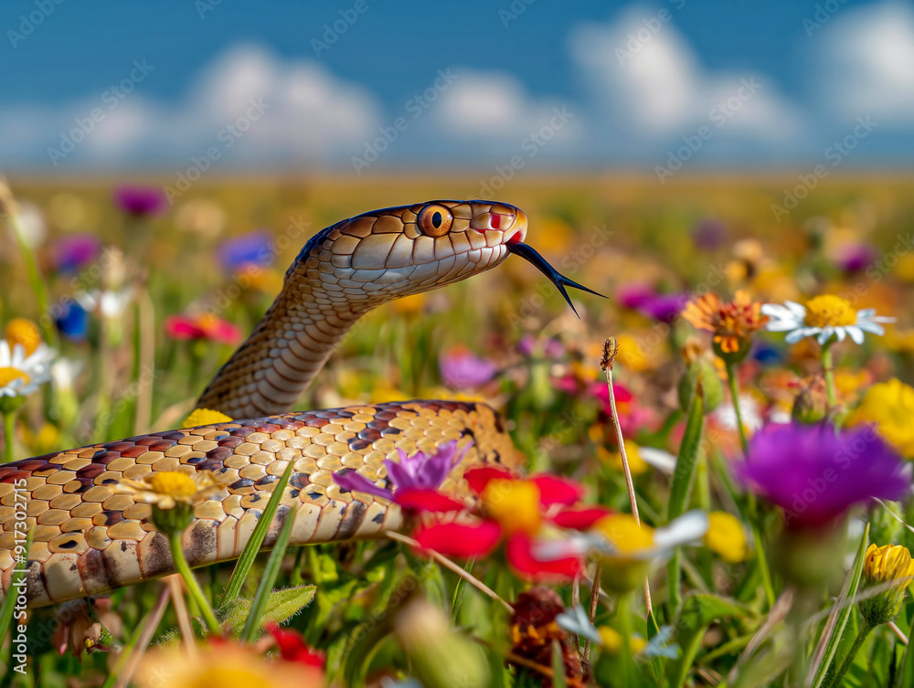 A snake is in a field of flowers. The snake is looking at the camera ...