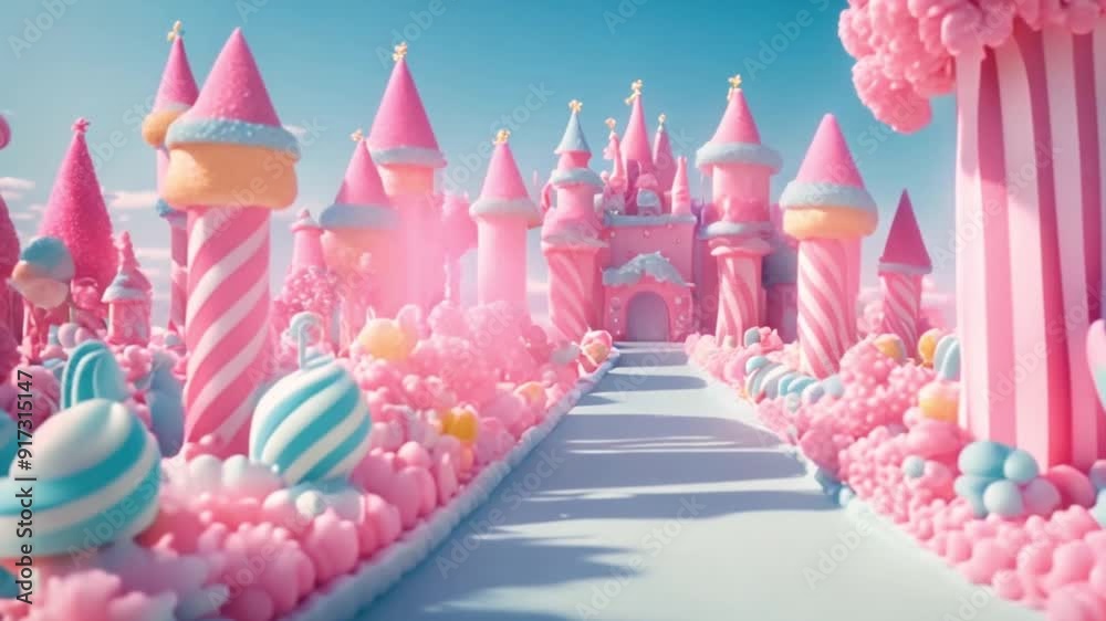 Walk through a sugary dreamland with pastel castle and candy trees ...