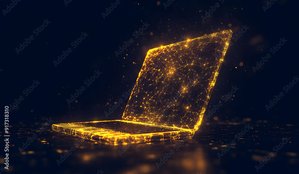 Technology in electronics, digital yellow low poly laptop with glowing ...