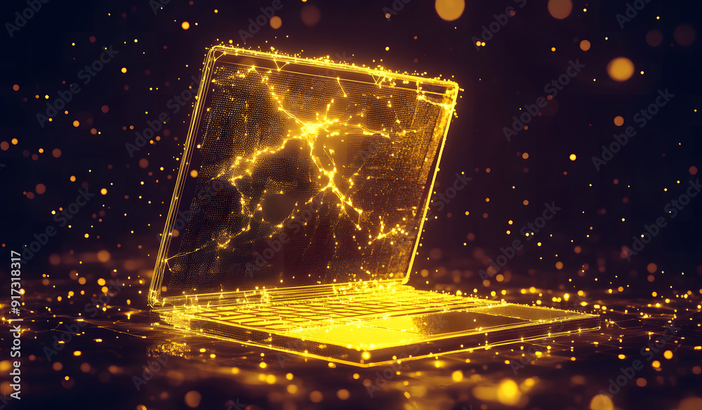 Technology in electronics, digital yellow low poly laptop with glowing ...