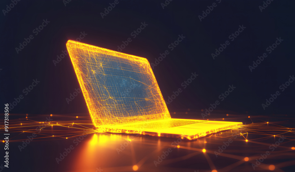 Technology in electronics, digital yellow low poly laptop with glowing ...