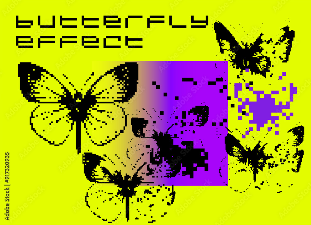 Pixel art collage with images of distorted butterfly silhouettes ...