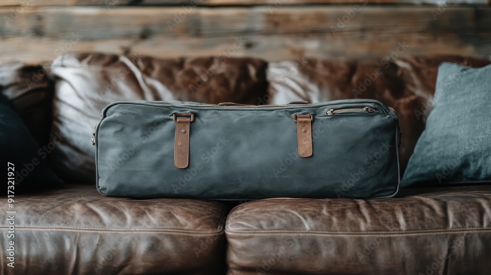 A black duffel bag placed on a luxurious brown leather couch, creating ...