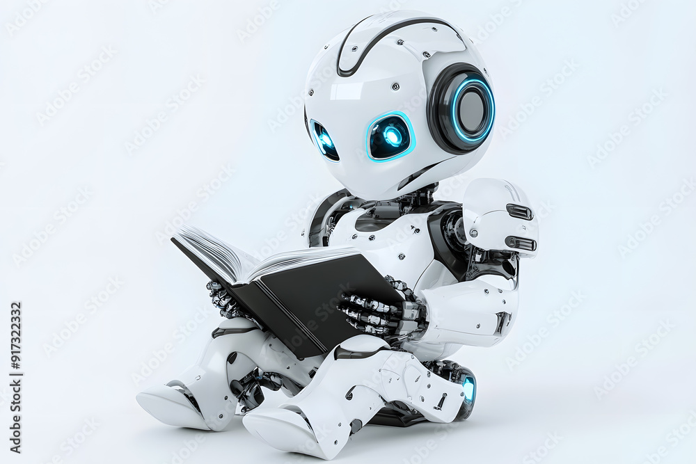 Cute friendly artificial intelligence robot reading book 3d ...