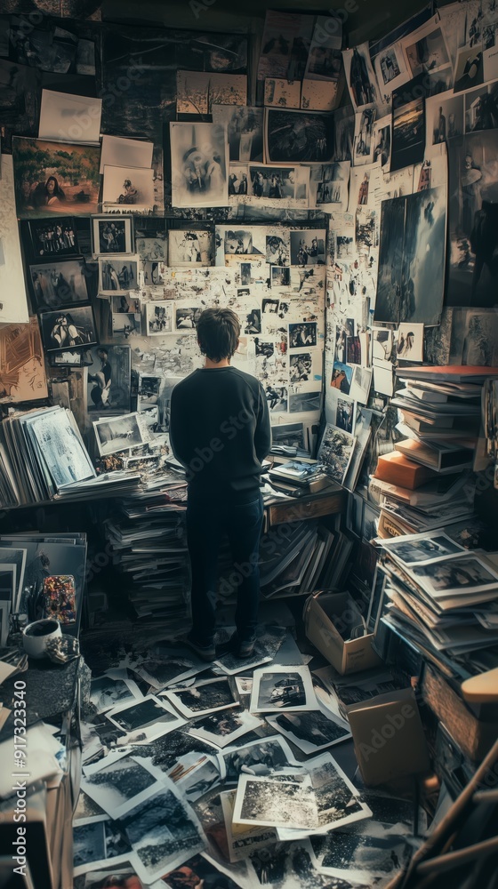 Person standing in a cluttered room filled with photographs, absorbed ...