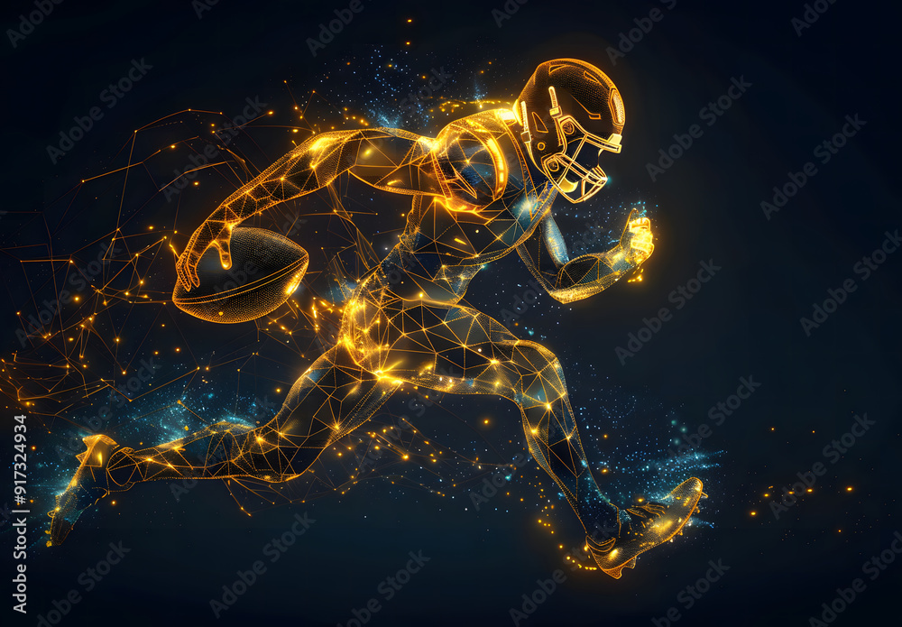 Technology in rugby game, digital yellow low poly rugby player with ...