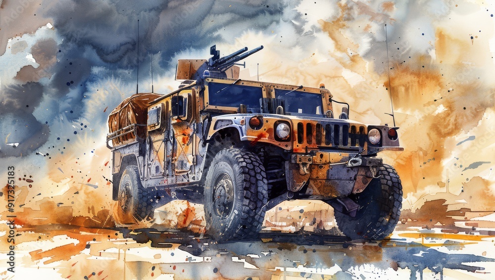 Humvee in a desert environment. Military vehicle with clouds of dust ...