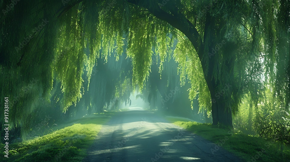 A peaceful drive through a willow-lined avenue, the long branches of ...