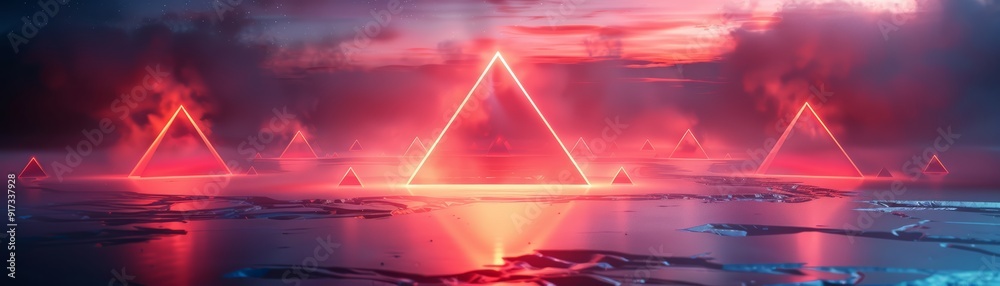Futuristic neon pyramids glowing in a misty landscape with a reflective ...