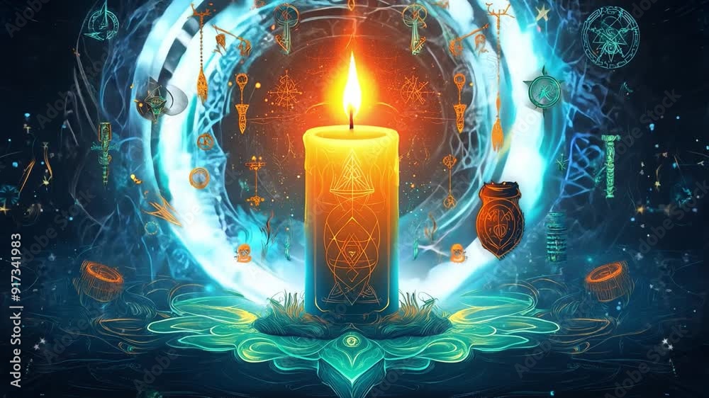 Magic candle illuminating occult symbols floating in a mystic universe ...
