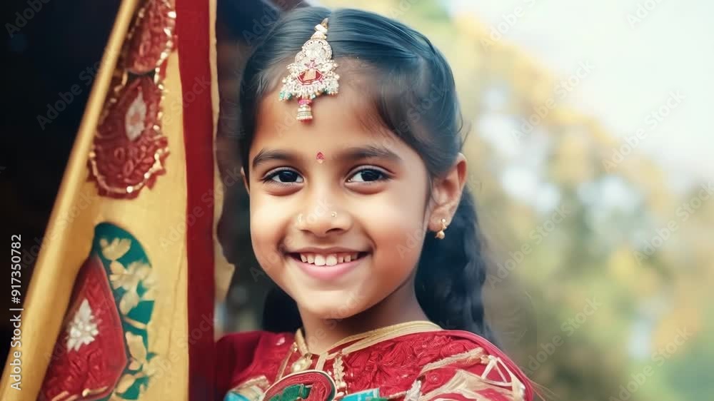 A young girl wearing a traditional embroidered dress carrying a banner ...