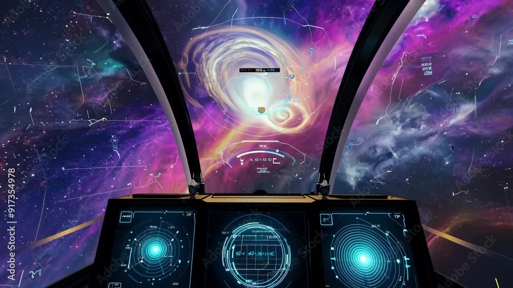 Spaceship dashboard with control panel. Space ship flying through the ...
