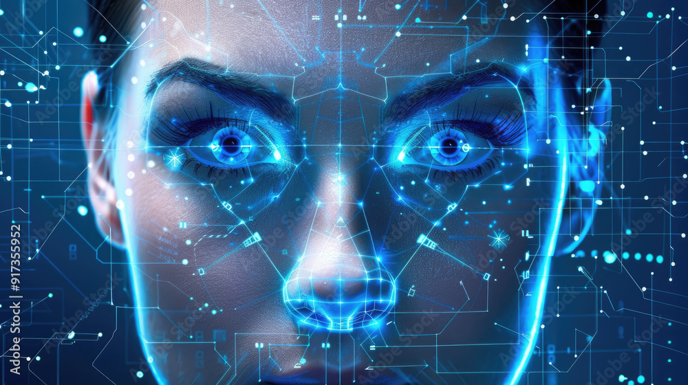 Young woman and work of biometric identification system on abstract ...