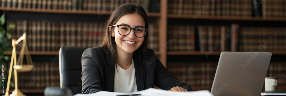 Confident Female Lawyer Working in Law Office with Bookshelf in ...