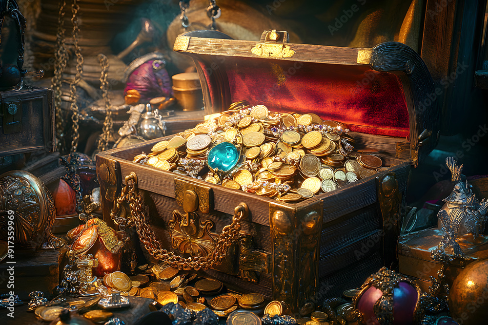 Pirate's treasure chest overflowing with shiny coins, jewels, and other ...