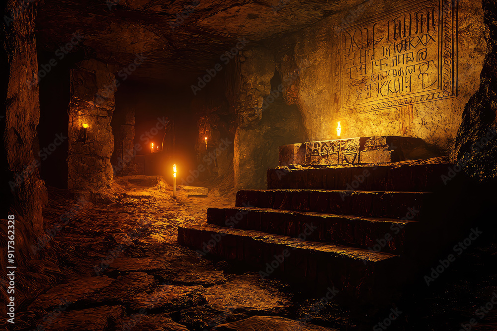 Mysterious underground chamber illuminated by torchlight, revealing ...